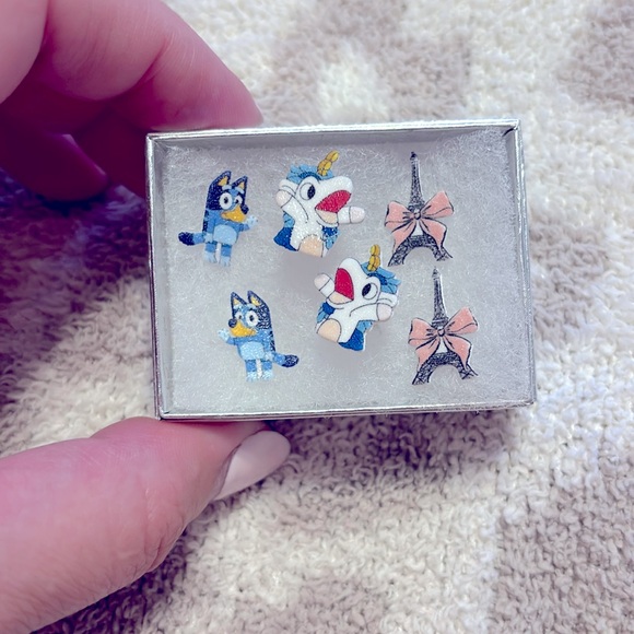 Jewelry | Set Of 3 Earrings Bluey Unicorse Eiffel Tower With Pink Bow ...